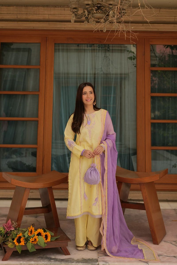 Omal by Komal - Leena - Lemon Yellow - Lawn & Chiffon - 3 Piece – Studio by TCS
