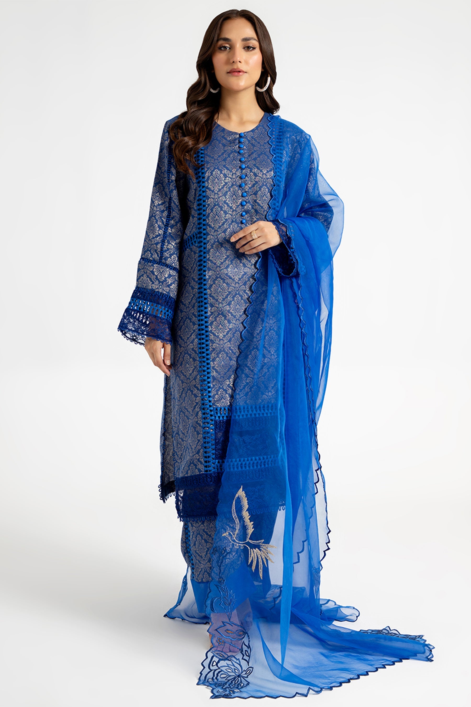 Arif Ashraf - Mavi - Electric Blue - Self Jacquard and Organza - 3 Pie – Studio by TCS