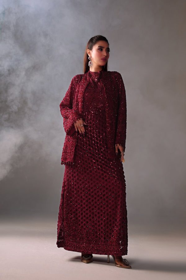 Reema Ahsan - Vira Net Jacket Dress For Women - Maroon - 2 Piece ...