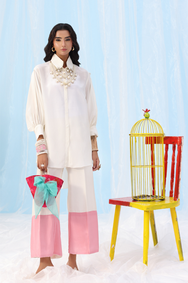 Musferah Saad - Sweet Precision - White & Pastel pink - Silk - 1 Piece ...