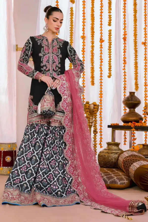 Reema Ahsan - Alizay - Raw silk, Shamoos & Net - Black & Hot Pink - 3 ...