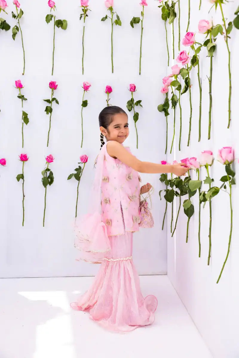 Mia & Mila - Emira Bows Gharara - Blush Pink - Raw Silk - 4 Piece ...