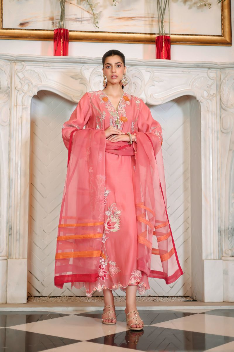 Reema Ahsan - Kawal - Carrot Pink - Kora Cotton & Organza - 3 Piece ...