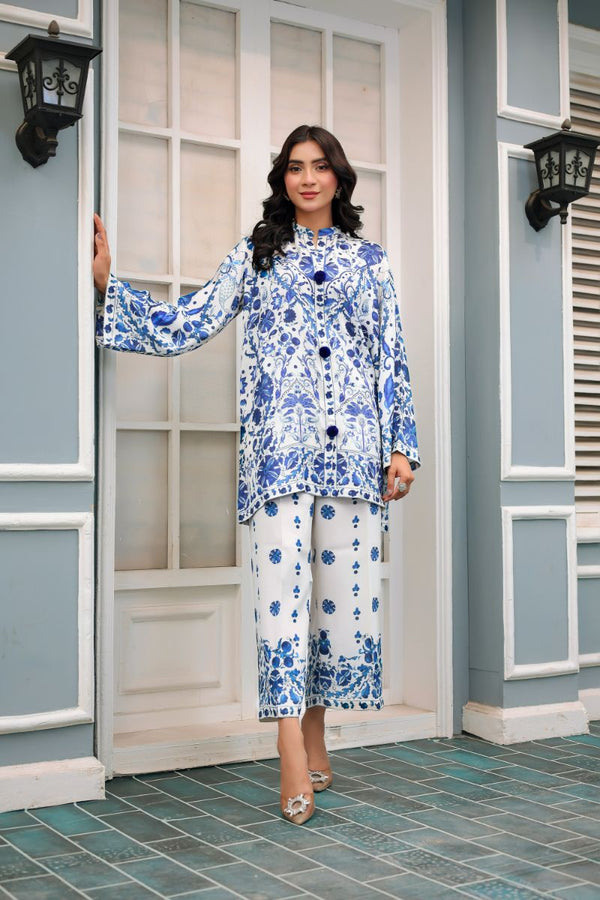 Reema Ahsan - Misha - PK Raw Silk - White & Blue - 2 Piece – Studio by TCS